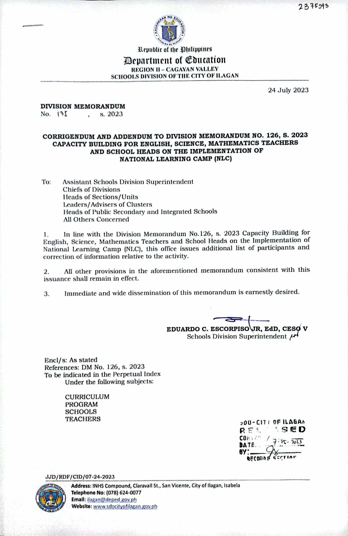 DIVISION MEMORANDUM NO. 135, S. 2023 CORRIGENDUM AND ADDENDUM TO ...